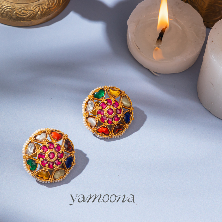 Neema Navratna Gold Plated Stud Earrings – Yamoona